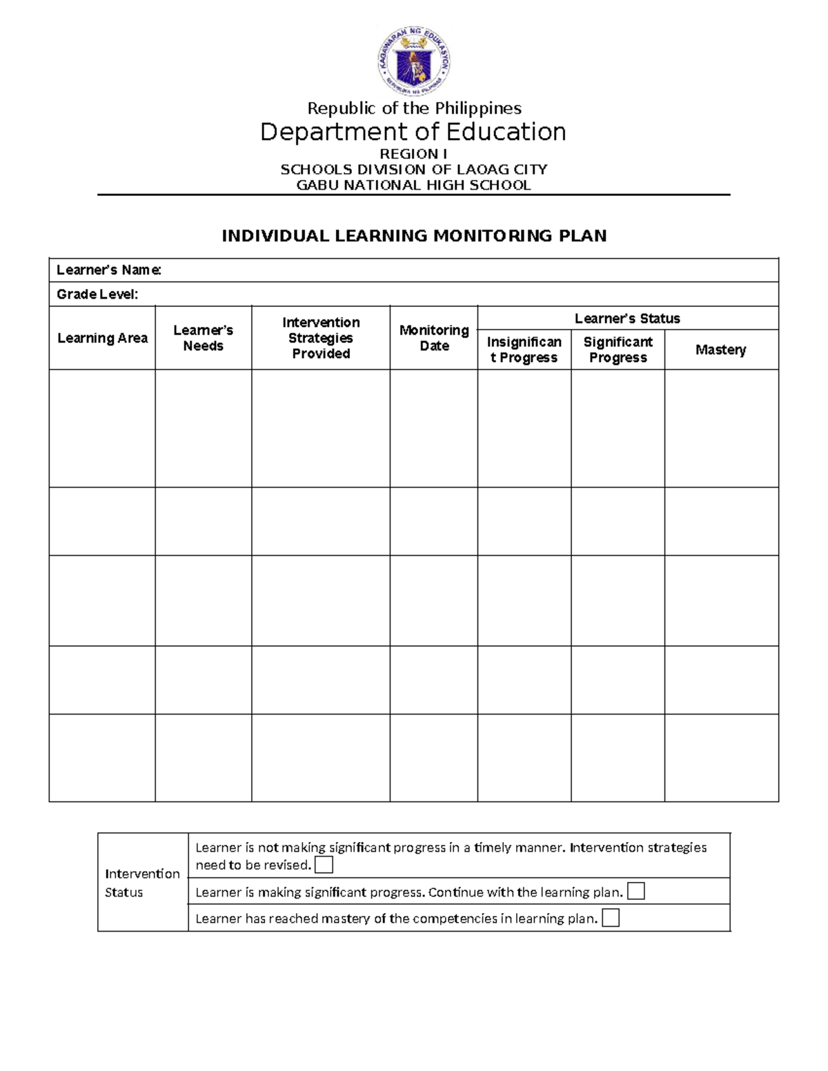 Individual Learning Monitoring Plan - Republic of the Philippines ...