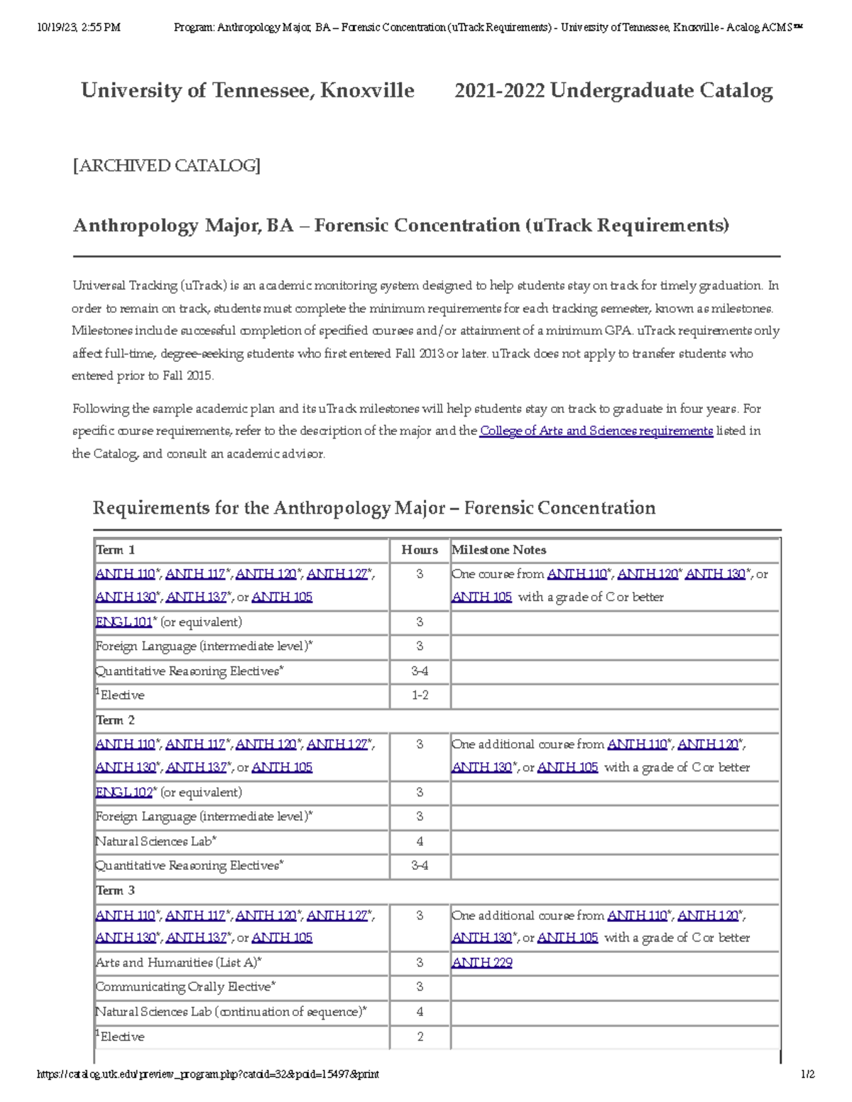 Program Anthropology Major, BA – Forensic Concentration (u Track ...