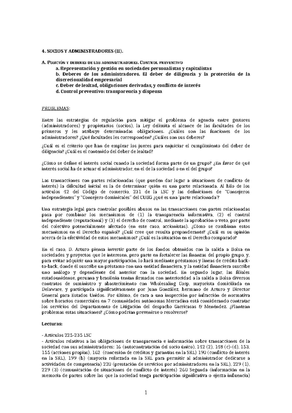 Guía sesión 9 (2022-23) - 4. SOCIOS Y ADMINISTRADORES (II). A. POSICIÓN Y DEBERES DE LOS - Studocu