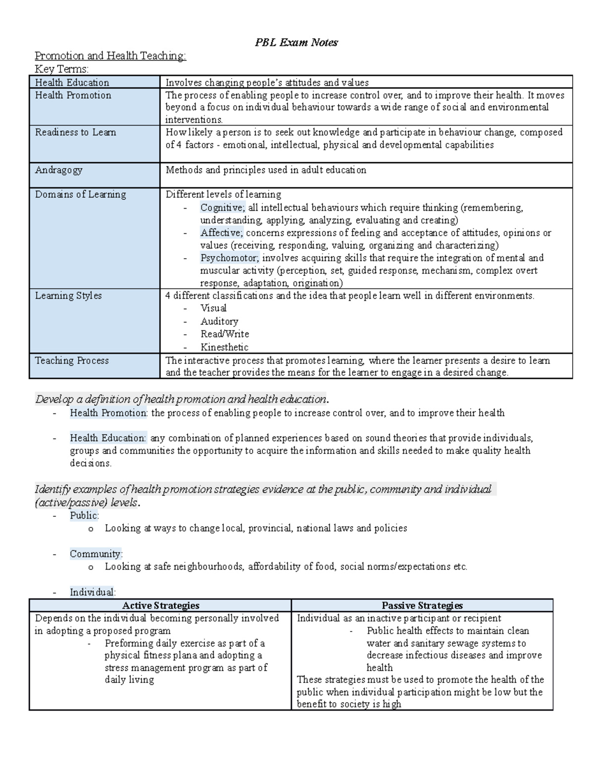 PBL Exam Notes Final - PBL Exam Notes Promotion and Health Teaching ...