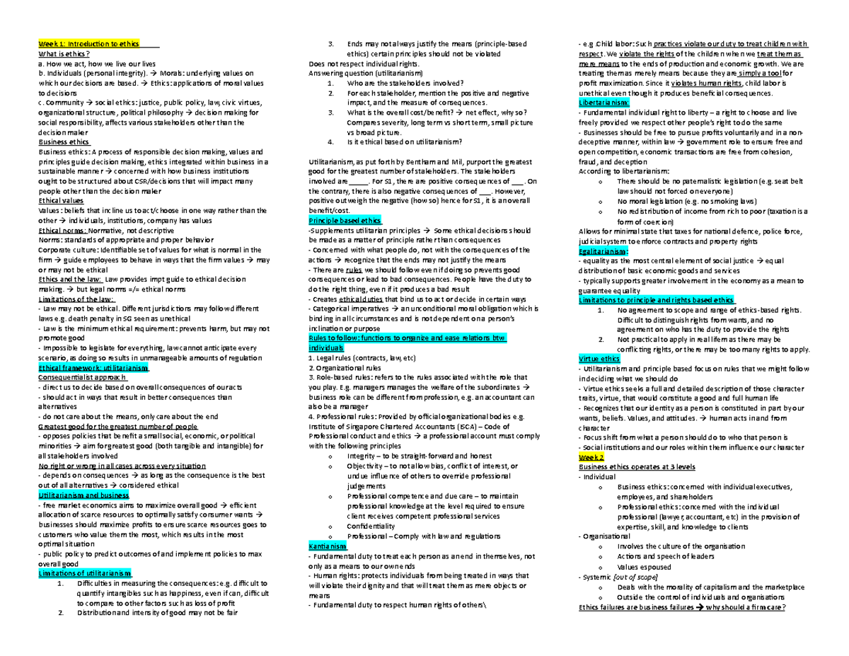 Ethics cheatsheet - Week 1: Introduction to ethics What is ethics? a ...