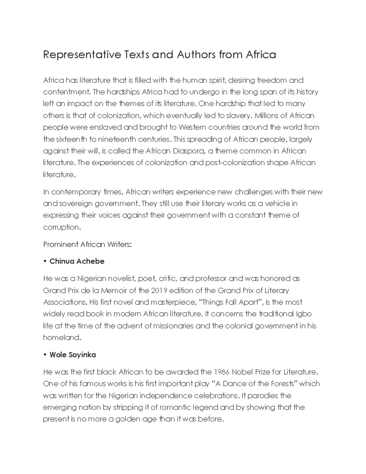 African Literature - Representative Texts and Authors from Africa ...