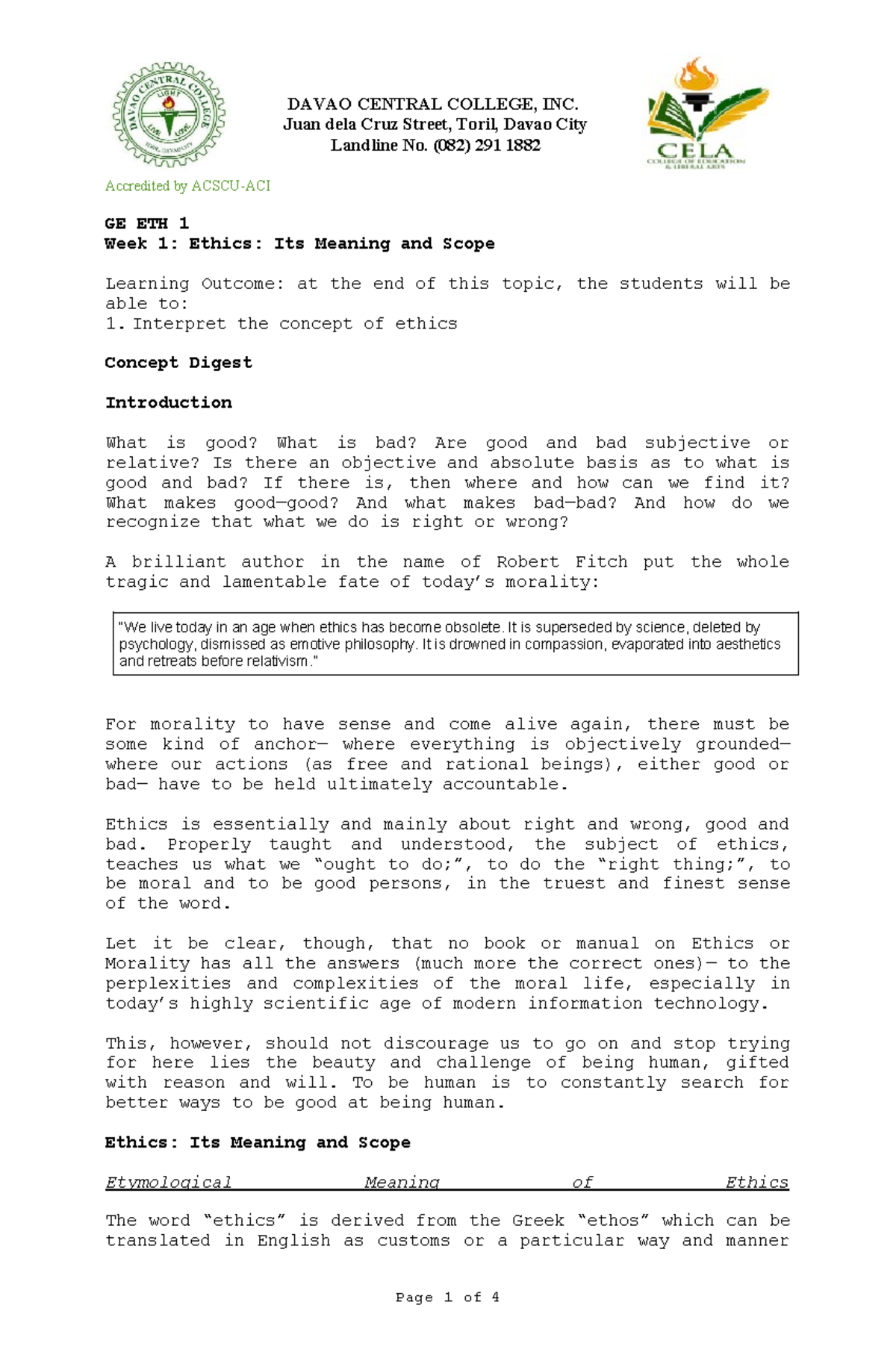 Week 1 - focus on the lesson - Accredited by ACSCU-ACI GE ETH 1 Week 1 ...