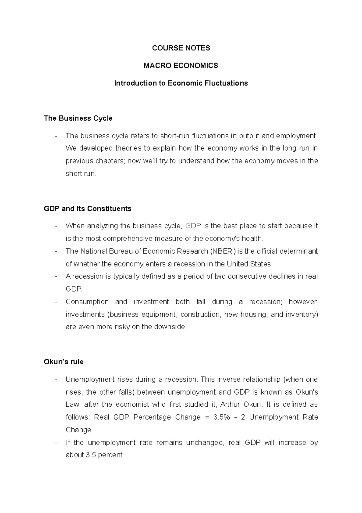 Course Notes Macroeconomics Introduction to Economic Fluctuations ...