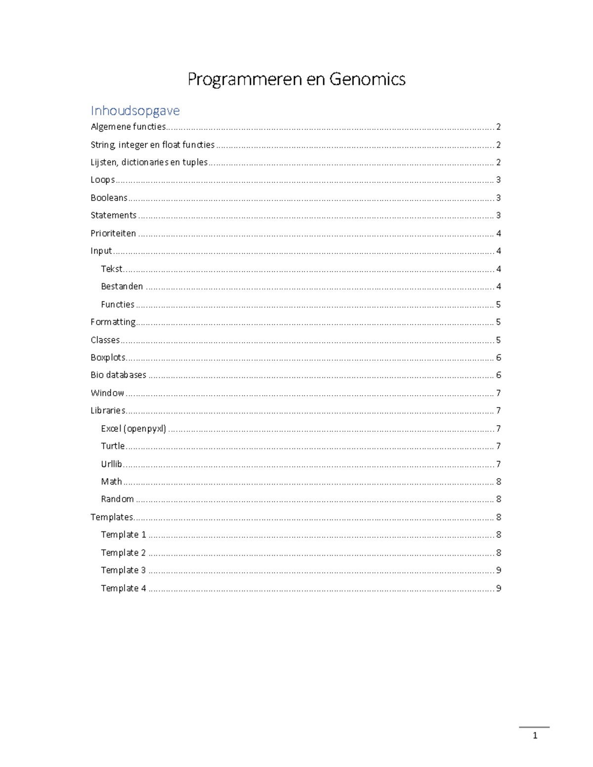 Samenvatting - Programmeren en Genomics Algemene functies Inhoudsopgave ...
