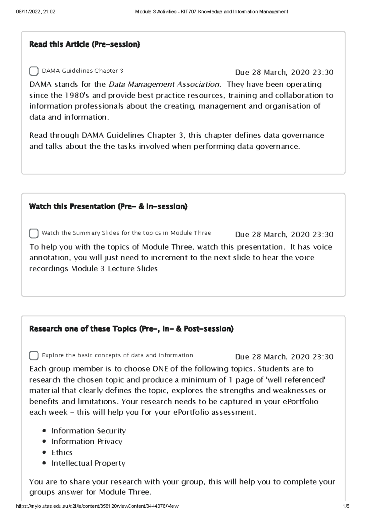 Module 3 Activities - KIT707 Knowledge and Information Management - DAMA Guidelines Chapter 3 ...