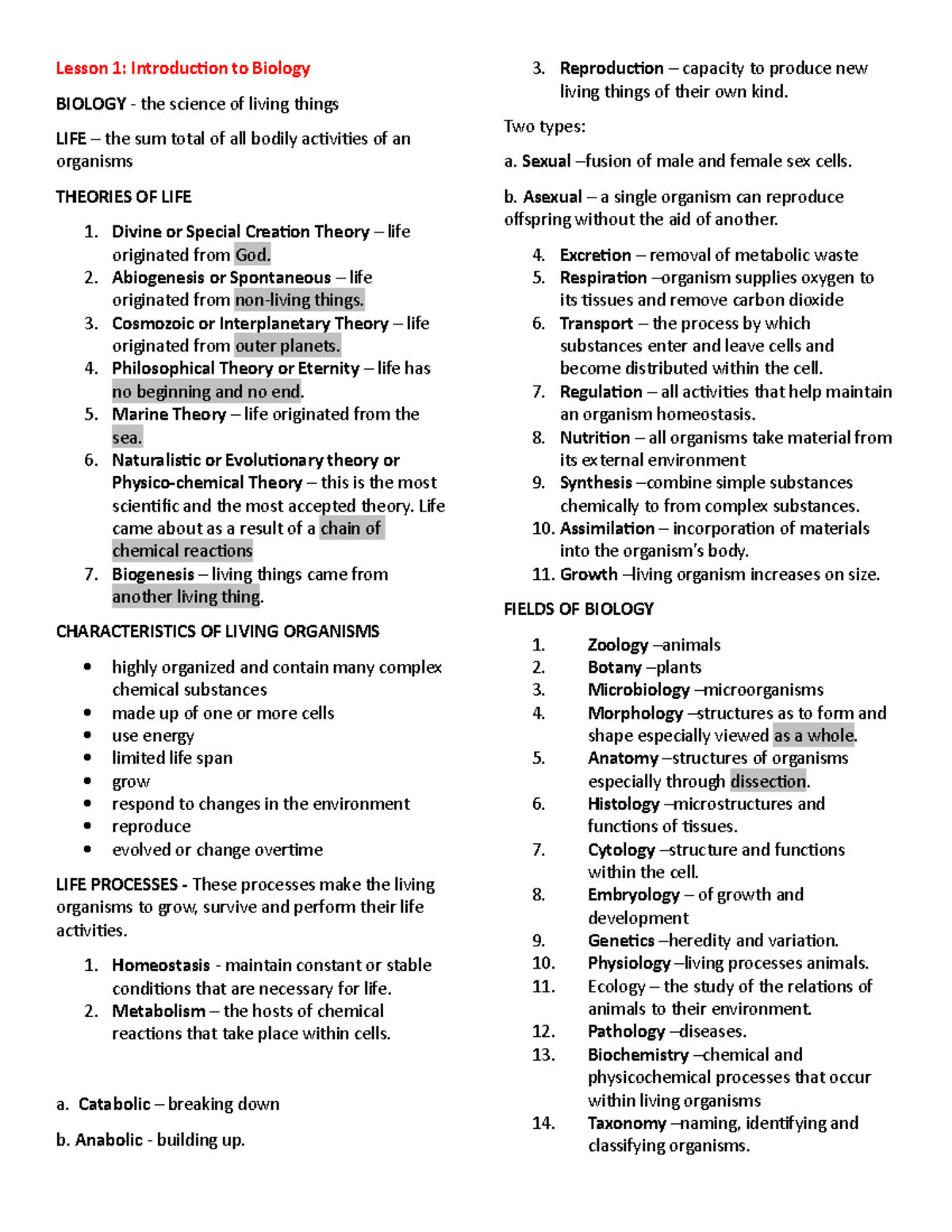 Bio reviewer - Lesson 1: Introduction to Biology BIOLOGY the science of ...