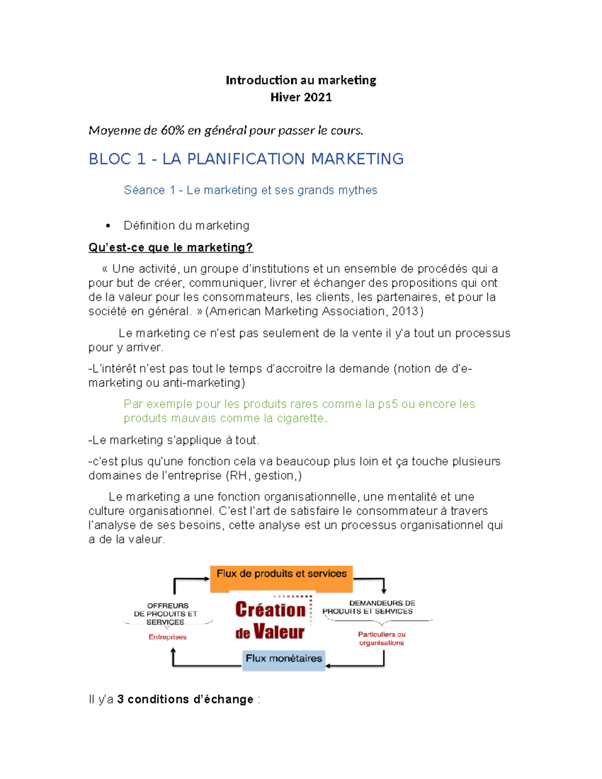 Note de cours - Introduction au marketing Hiver 2021 Moyenne de 60% en général pour passer le ...