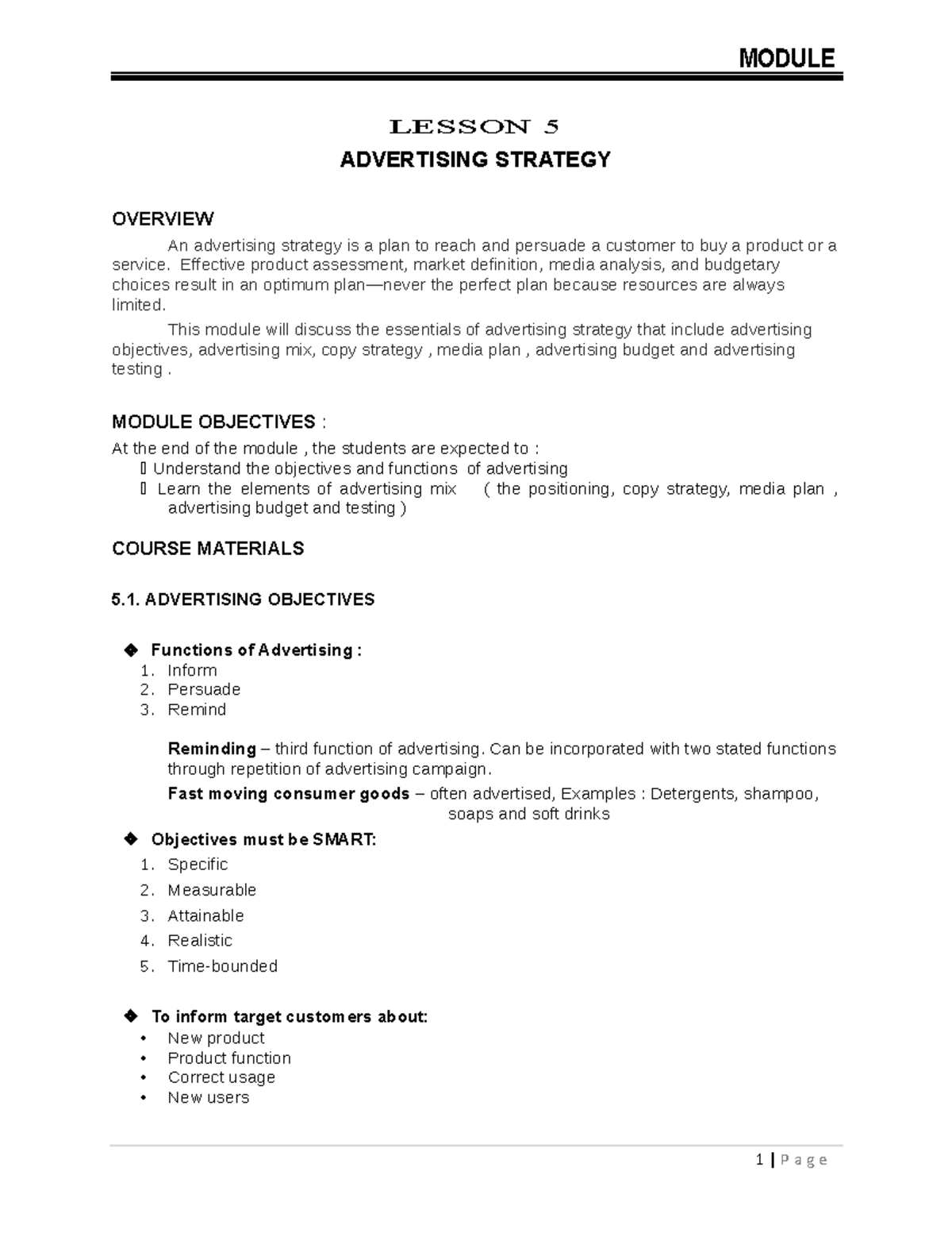 IMS Lesson 5 Advertising - MODULE 1 | P a g e LESSON 5 ADVERTISING ...