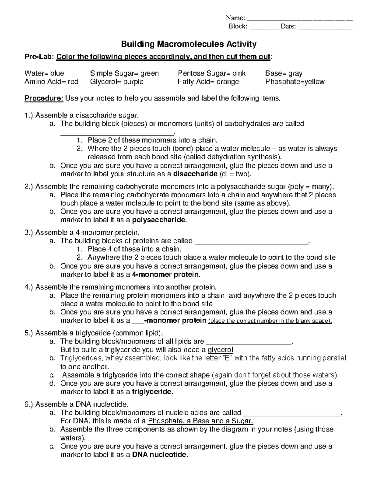 Building Macromolecules Activity - Name ...