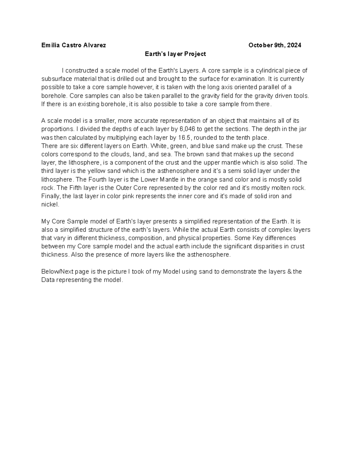 Earths Layer Project - Emilia Castro Alvarez October 9th, 2024 Earth’s ...