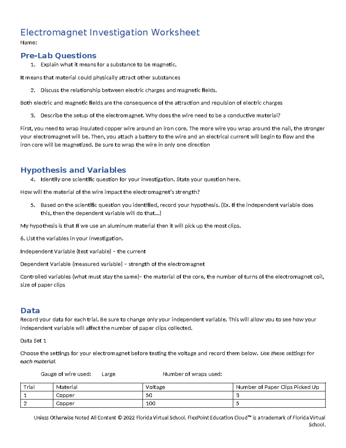 02 - physical science - Electromagnet Investigation Worksheet Name: Pre ...