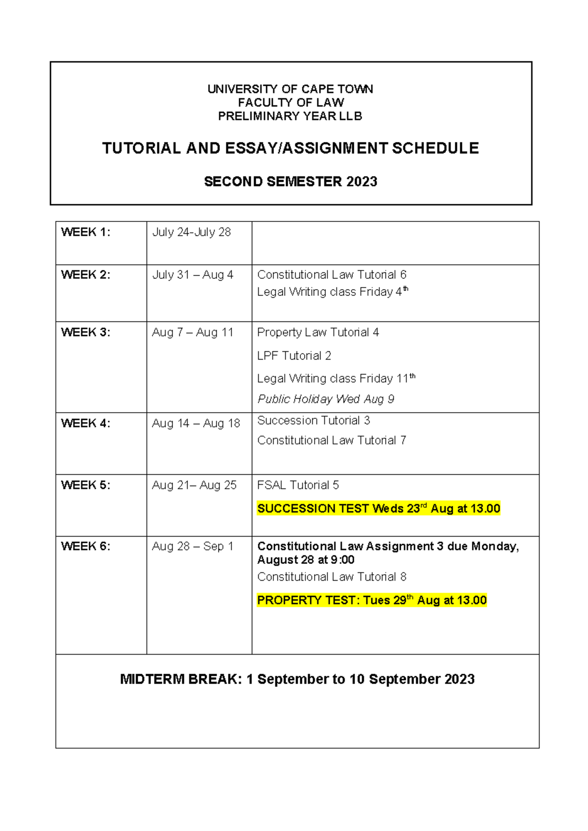 Prelim Schedule. 2nd semester. 2023. Final - UNIVERSITY OF CAPE TOWN ...