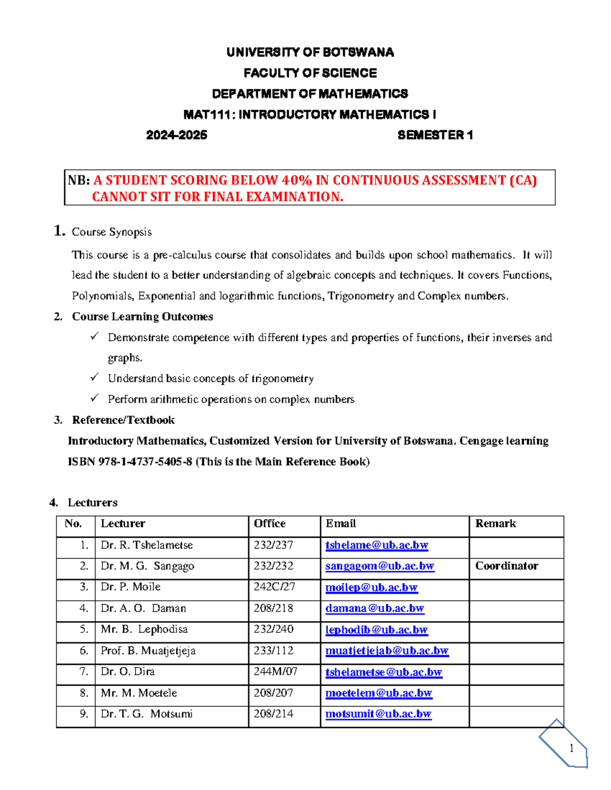 MAT111 Course Scheme (2024-2025 Sem 1) - UNIVERSITY OF BOTSWANA FACULTY ...