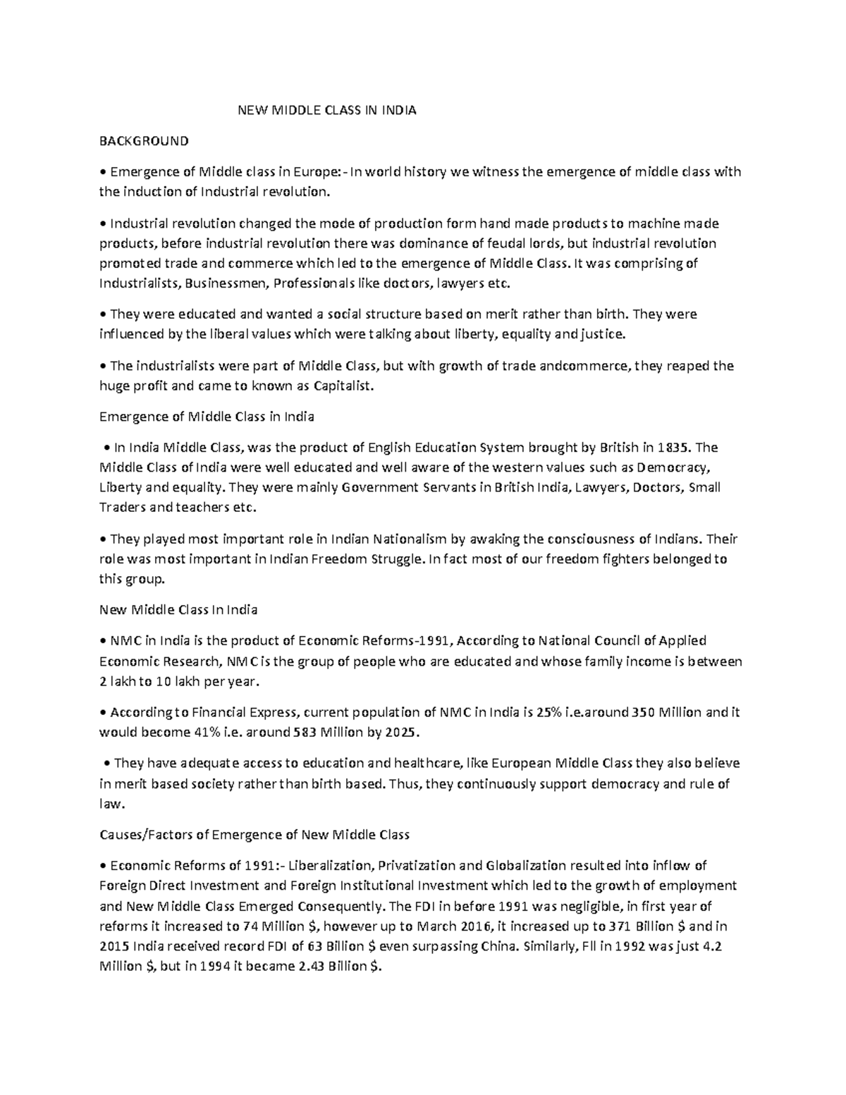 Middle class - Notes - NEW MIDDLE CLASS IN INDIA BACKGROUND Emergence ...