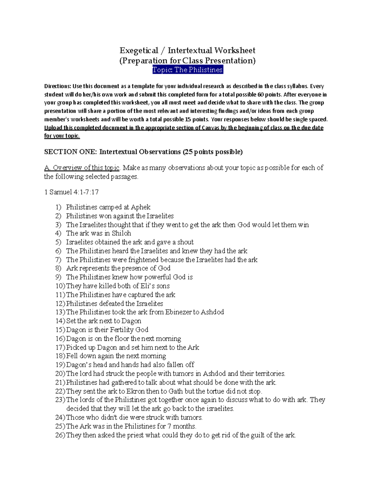 The Philistines- Exegetical / Intertextual Worksheet (Preparation for ...