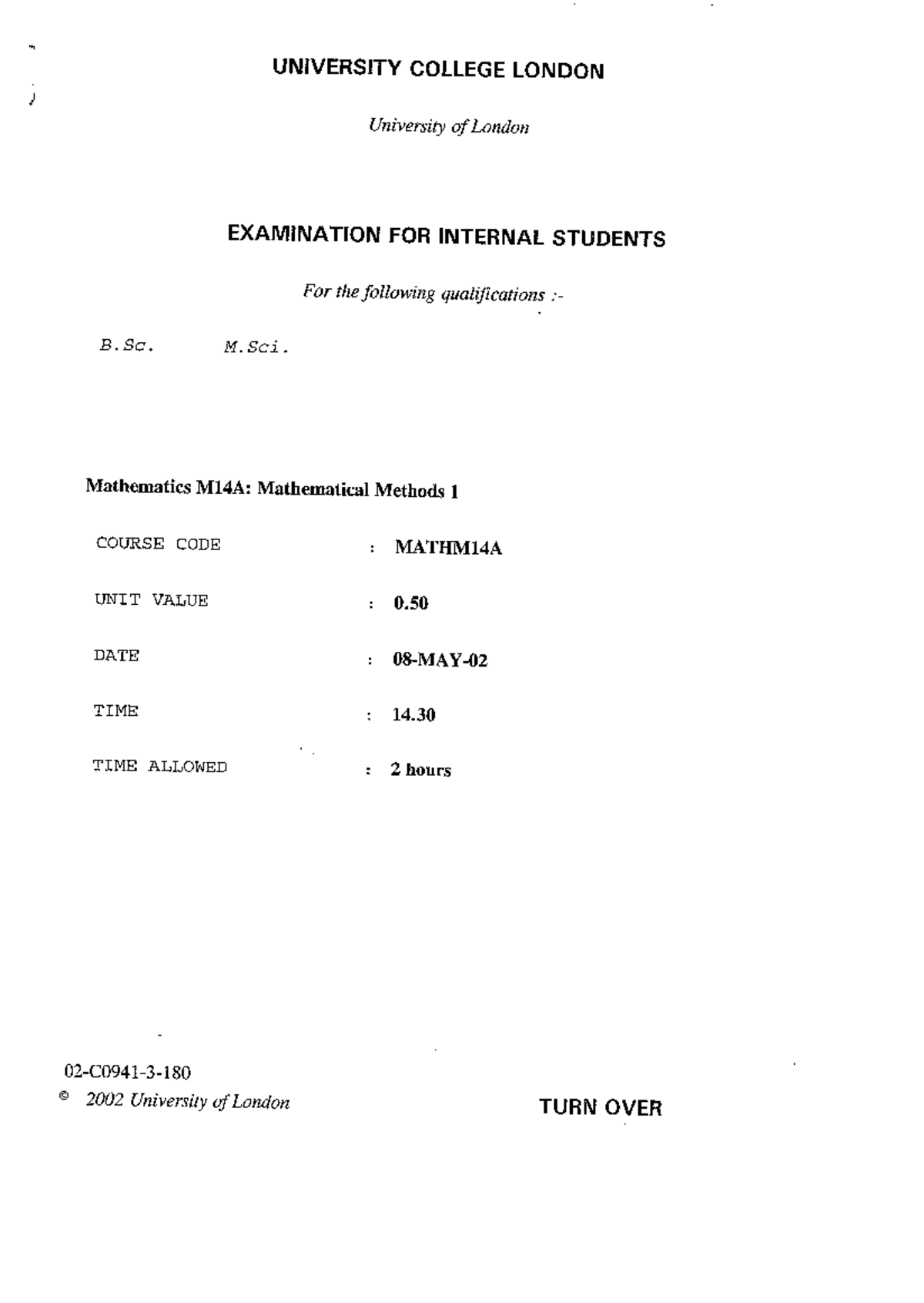 2002 May - past papers - % UNIVERSITY COLLEGE LONDON University of ...