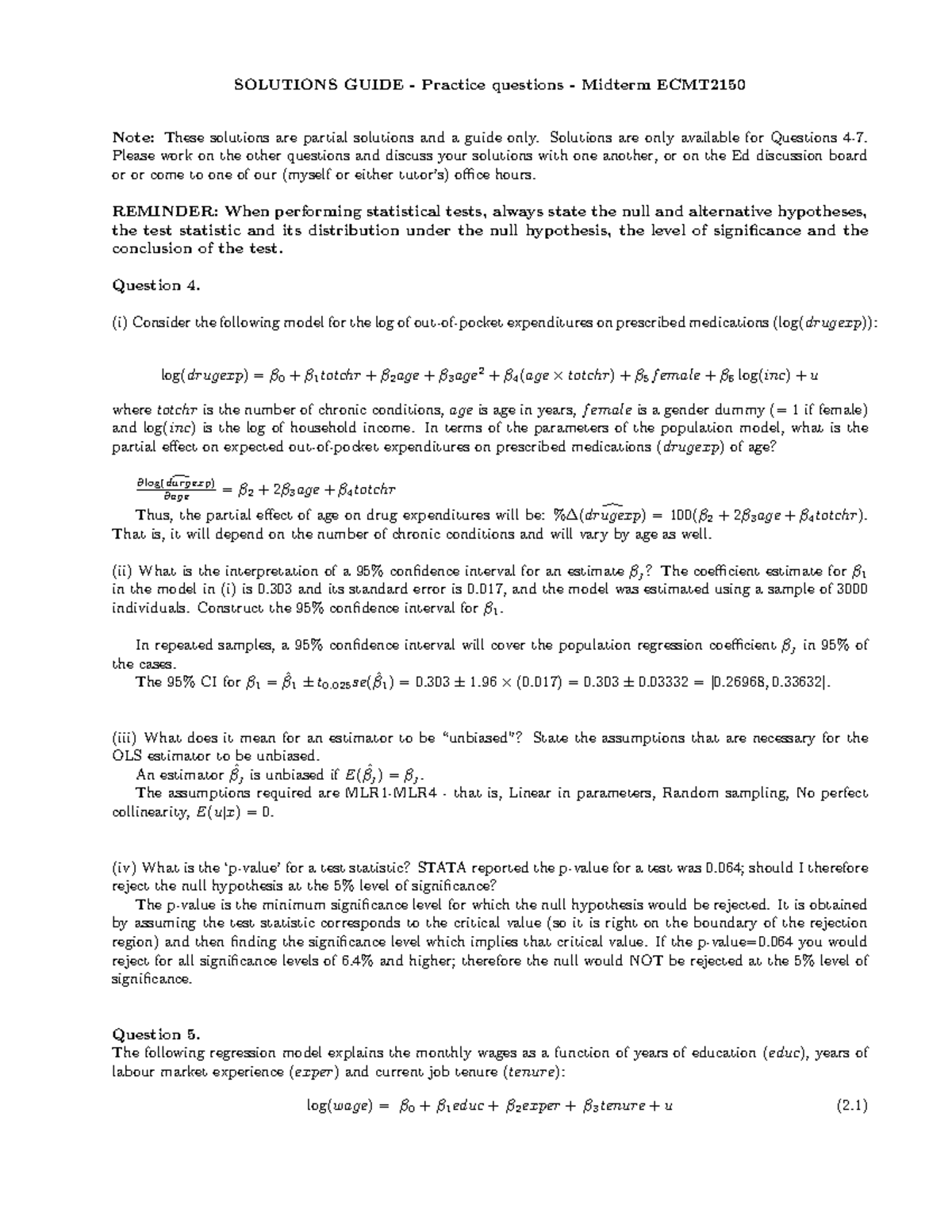 Solutions for Practice midterm - SOLUTIONS GUIDE - Practice questions - Midterm ECMT Note: These ...