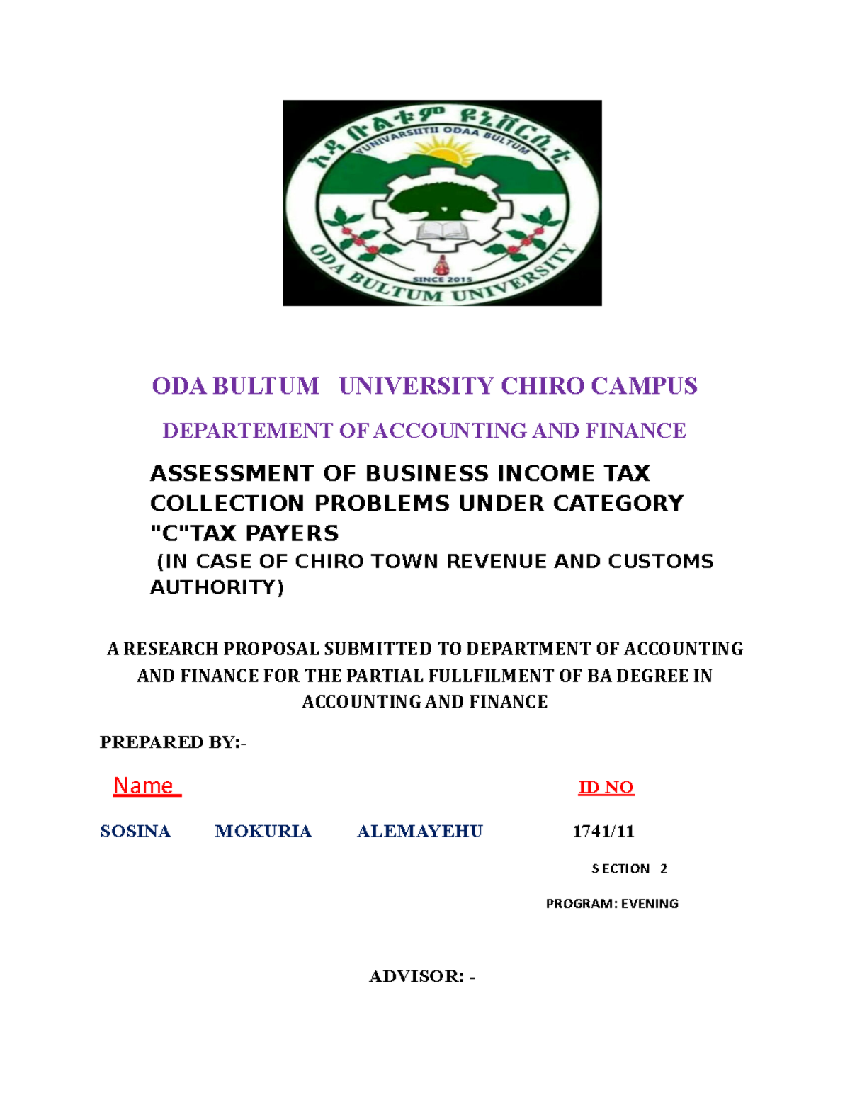 Sosina Mokuria proposal final comm - ODA BULTUM UNIVERSITY CHIRO CAMPUS DEPARTEMENT OF ...