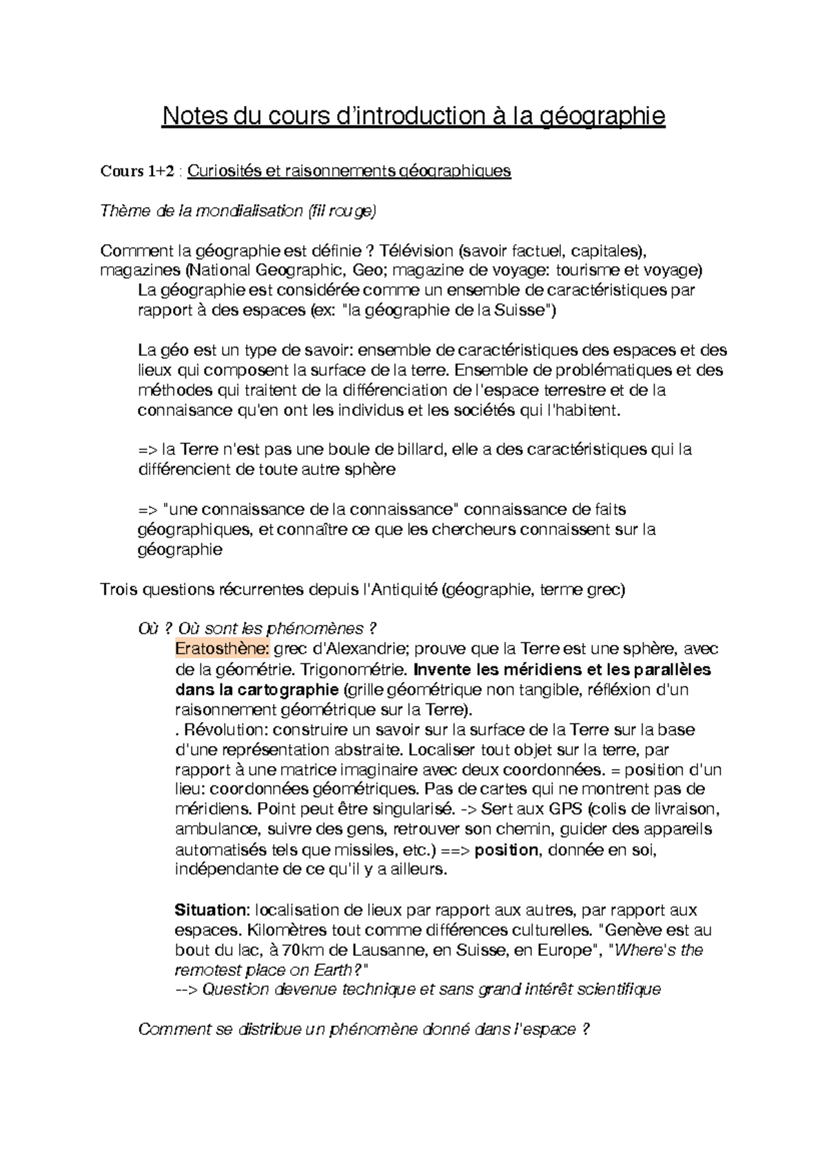 Notes intro géo - Notes du cours d’introduction à la géographie Cours 1 ...