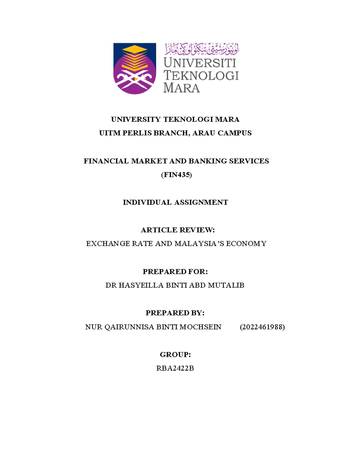 Individual Assignment FIN435 NUR Qairunnisa RBA2422B - UNIVERSITY ...