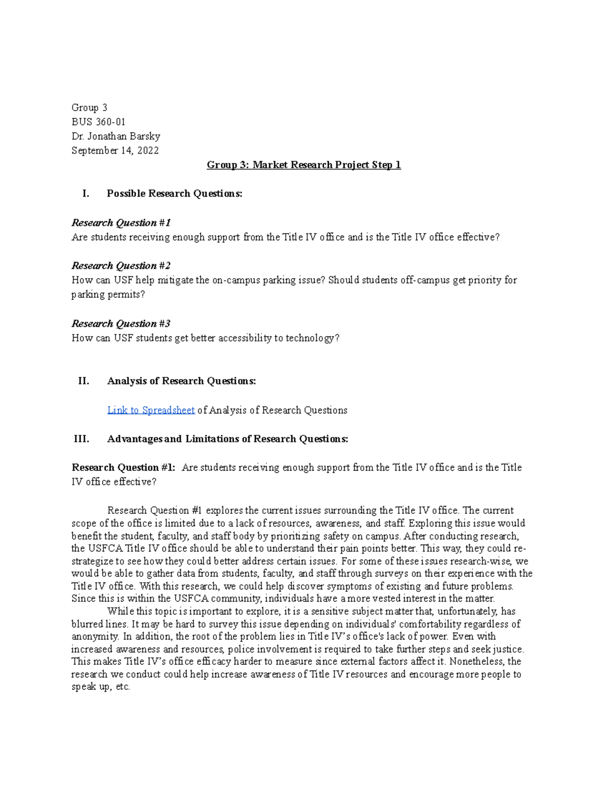 Market Research Project Step 1 (Updated) - Group 3 BUS 360- Dr. Jonathan Barsky September 14 ...