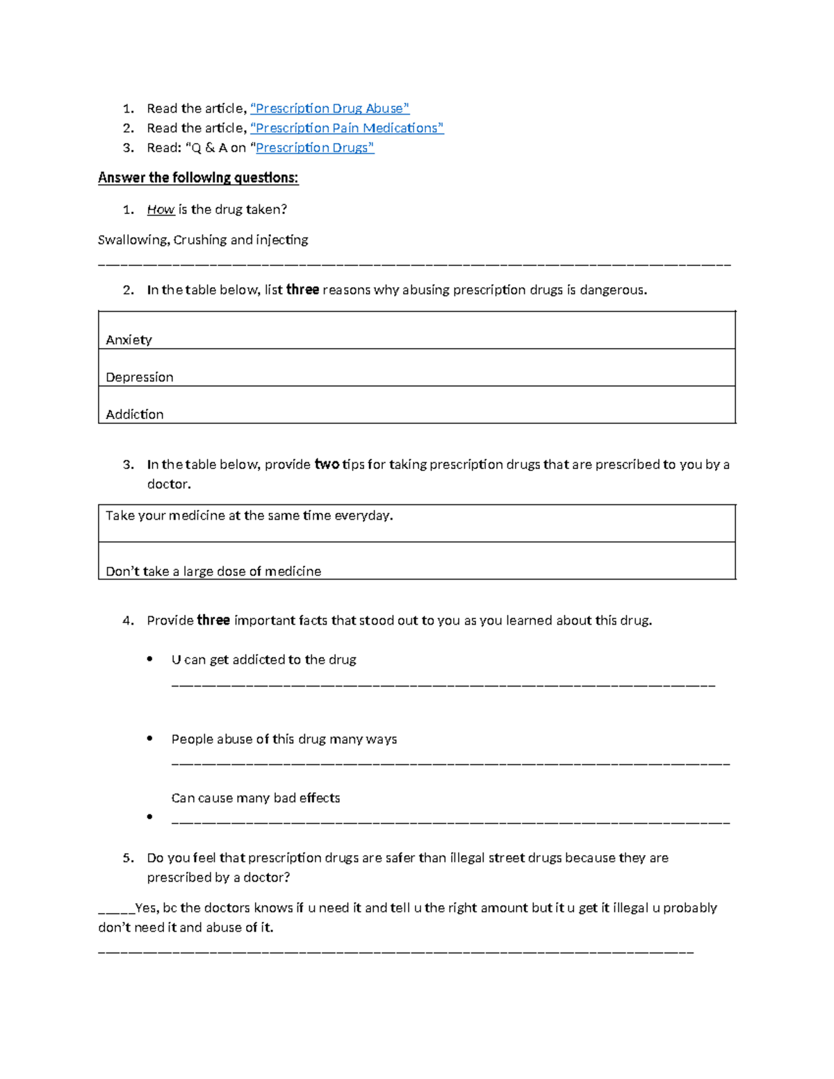 Prescription drug worksheet - Read the article, “Prescription Drug ...