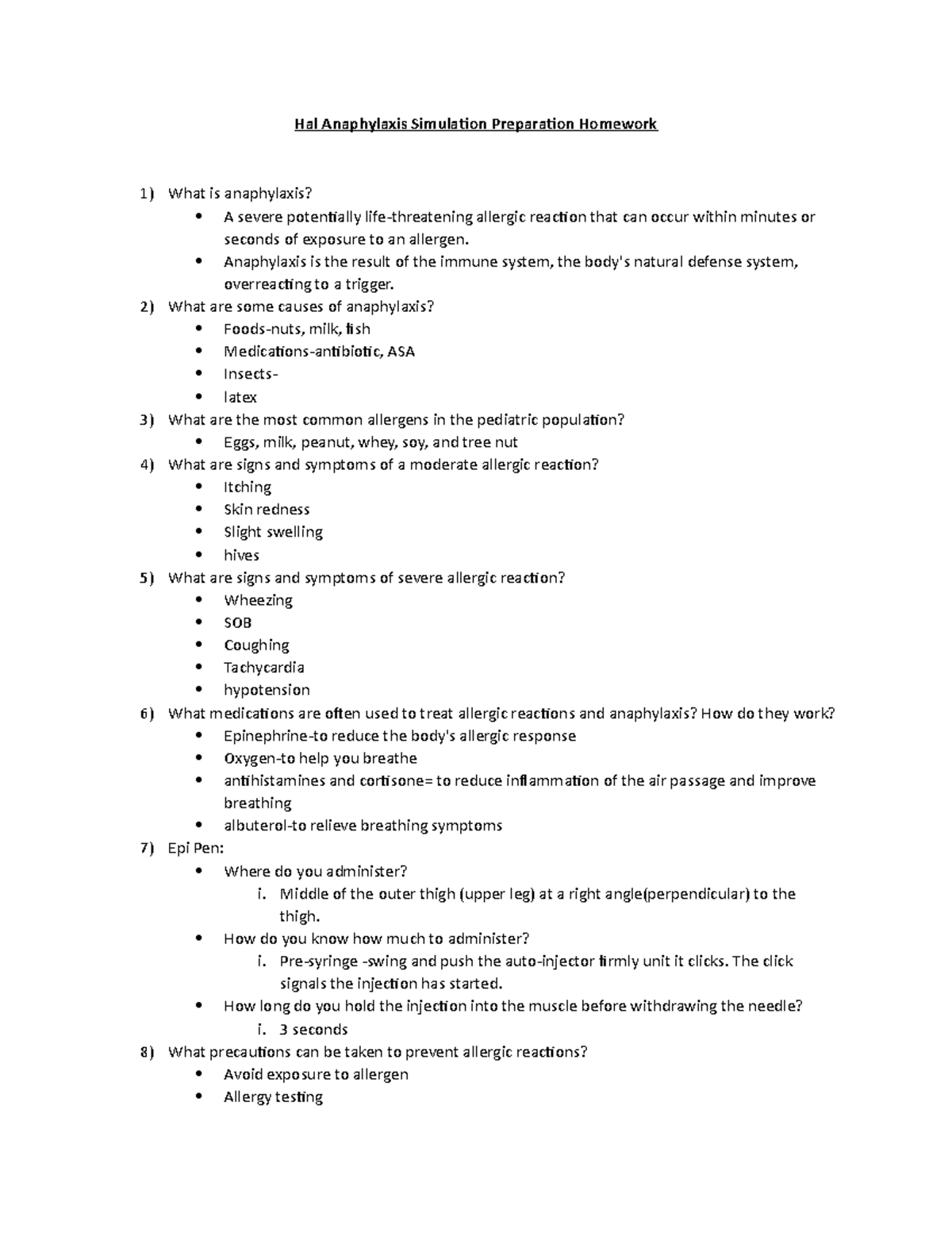 Hal Anaphylaxis Simulation Preparation Homework - Anaphylaxis is the ...
