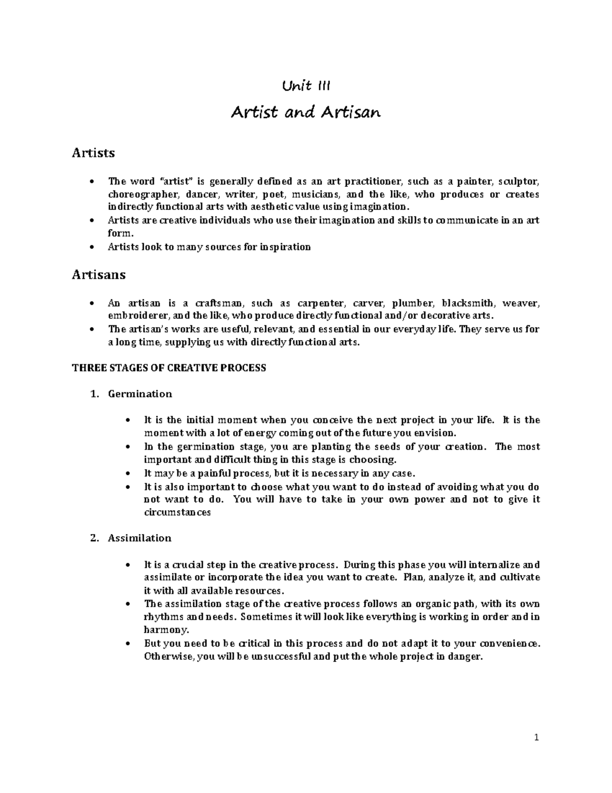 Unit 3 Artists and Artisans - Unit III Artist and Artisan Artists The ...