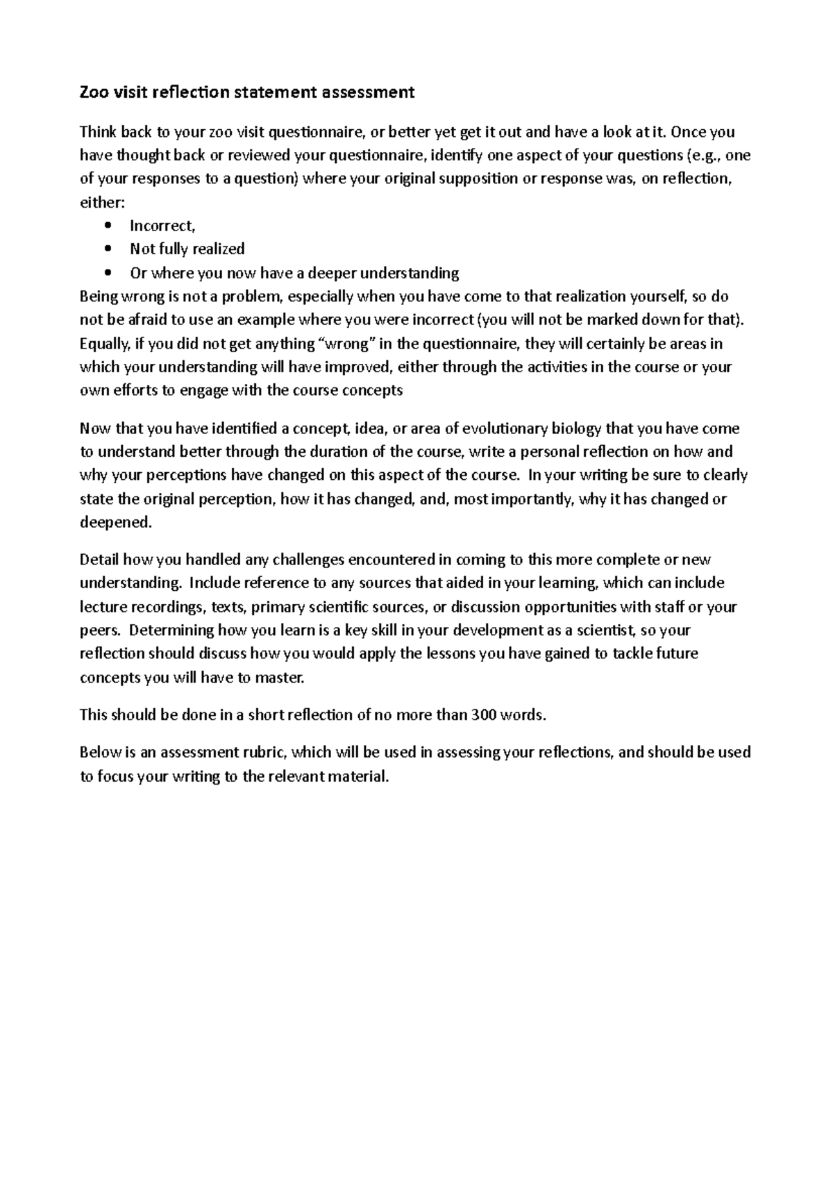 EIA Zoo questionnaire reflective statement v2 - Zoo visit reflection ...