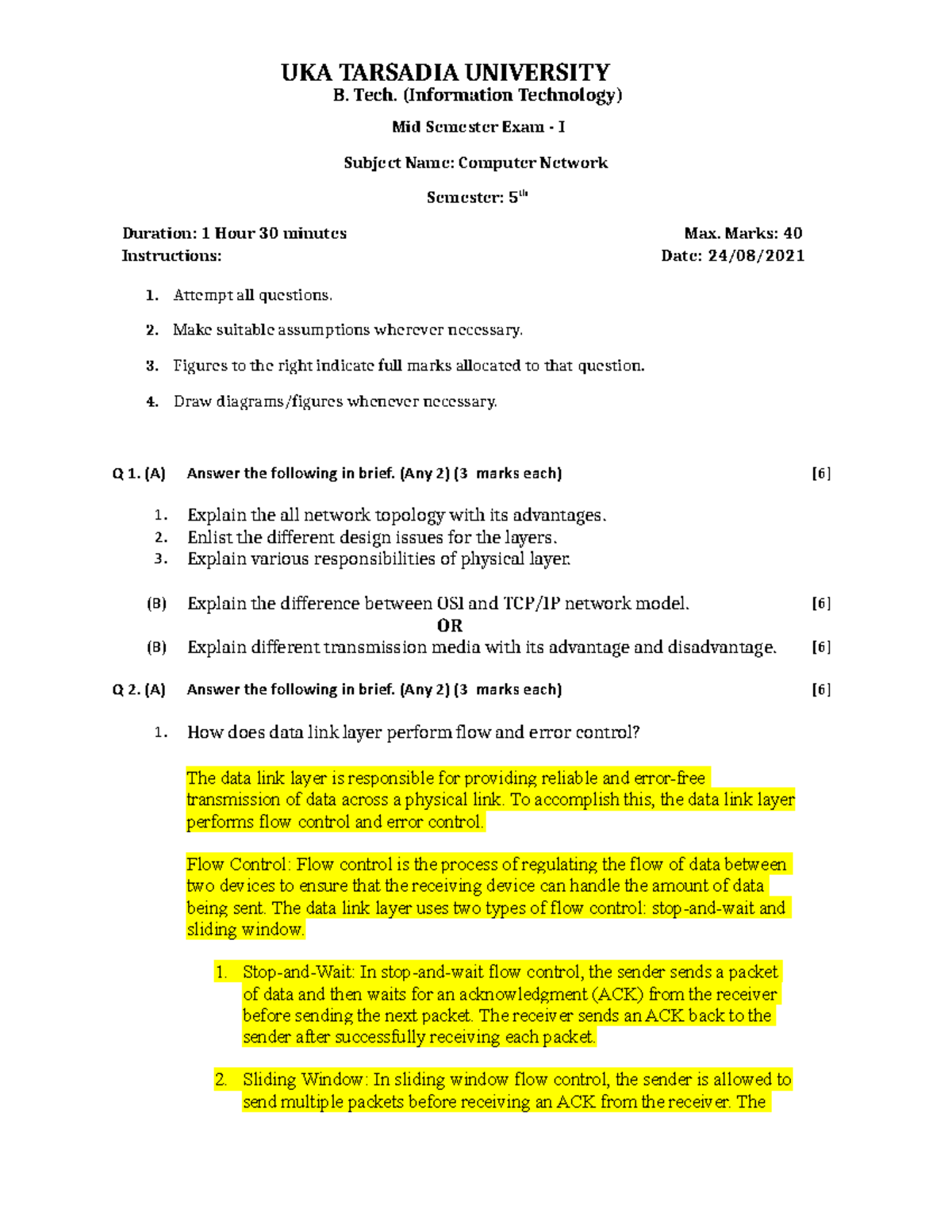 CN IA-1 paper - UKA TARSADIA UNIVERSITY B. Tech. (Information Technology) Mid Semester Exam - I ...