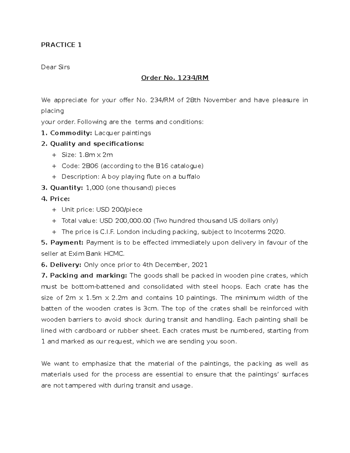 Enquiry, Quotation, Payment Homework - PRACTICE 1 Dear Sirs Order No ...
