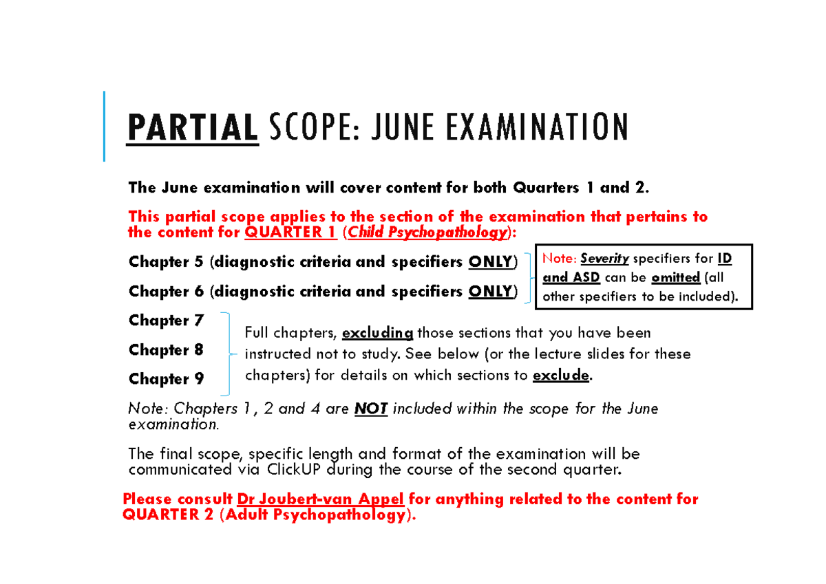 SLK310 Partial Exam Scope (Child Psychopathology Section) - PARTIAL ...