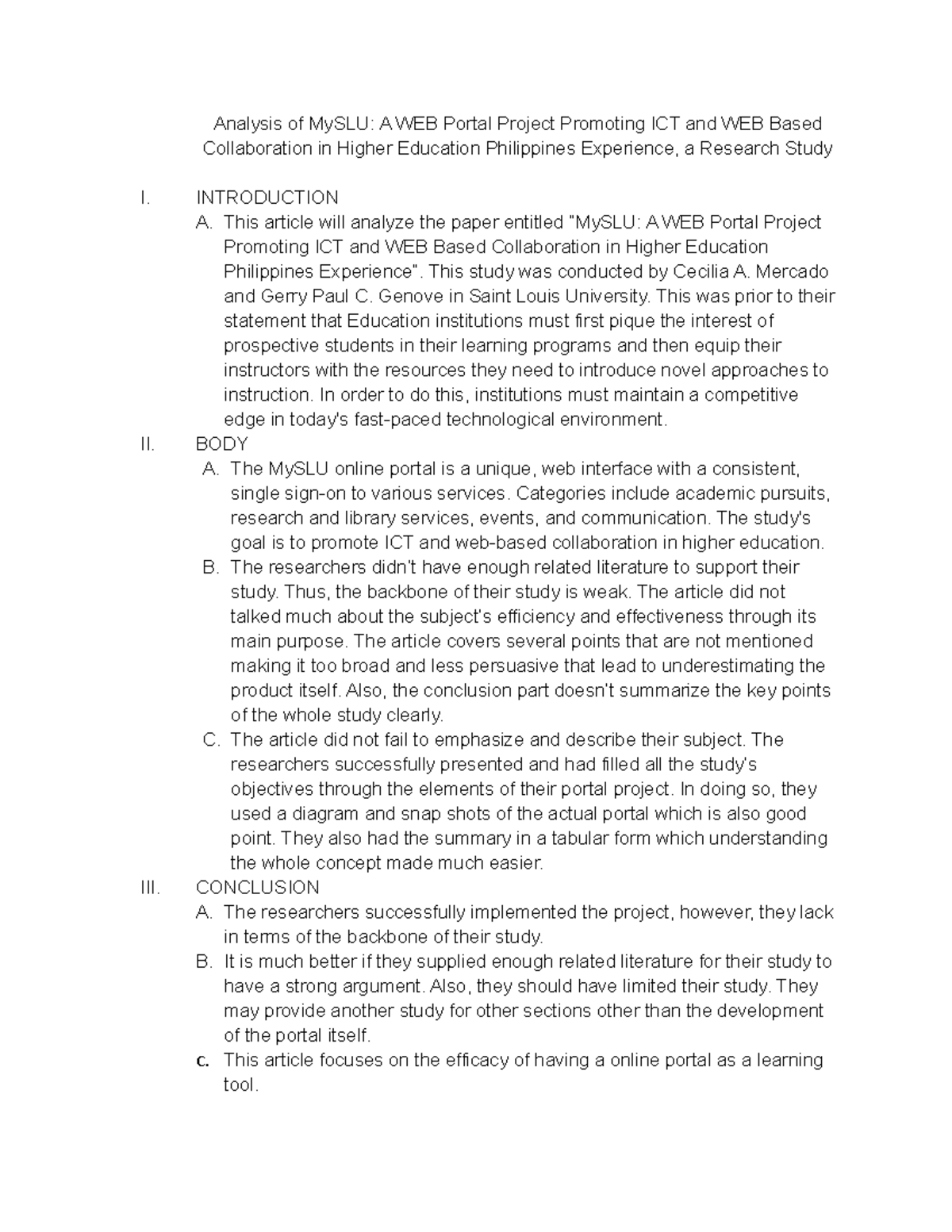 Critique - Analysis of MySLU: A WEB Portal Project Promoting ICT and ...