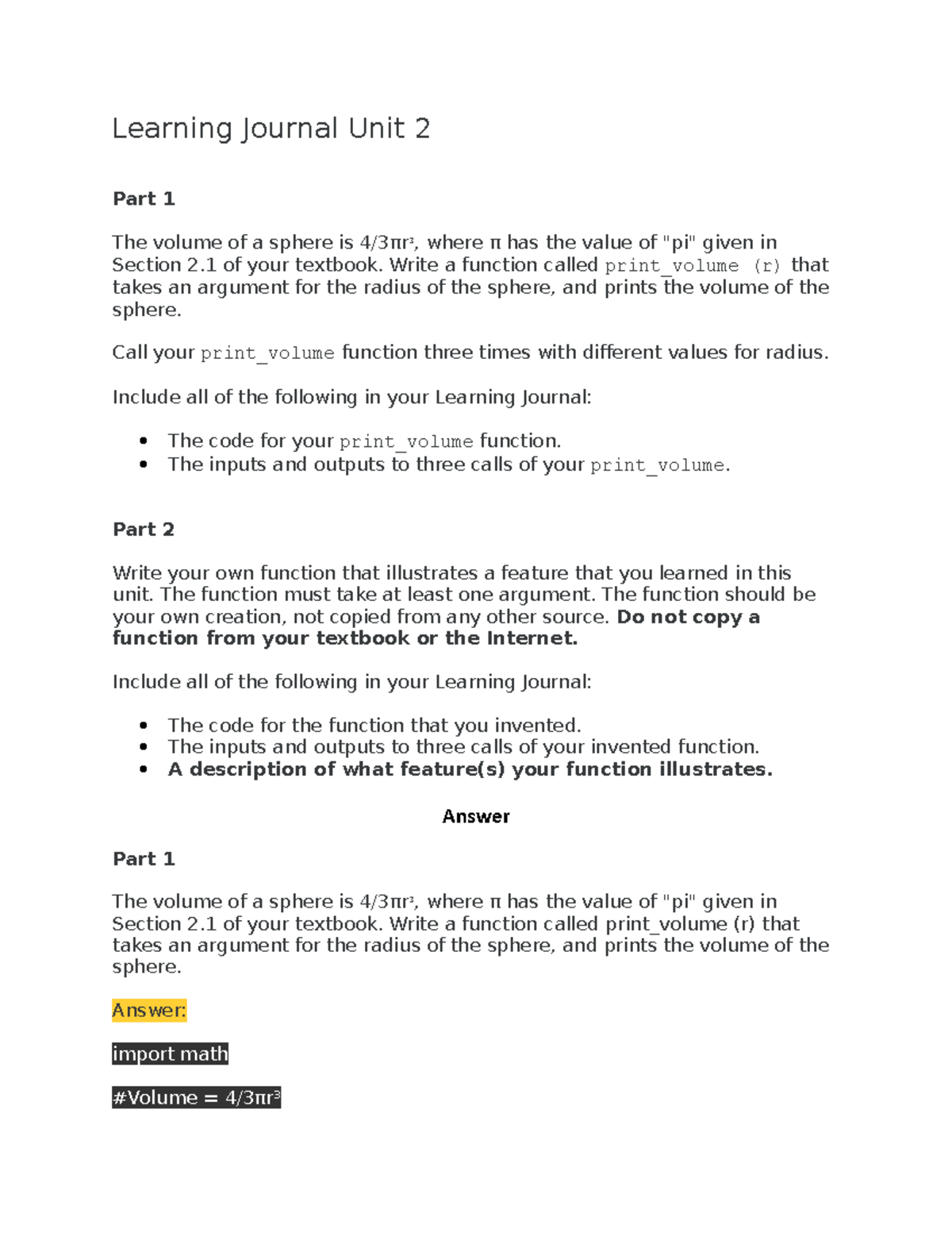 Cs 1101 Unit 2 Learning Journal Learning Journal Unit 2 Part 1 The Volume Of A Sphere Is 4 