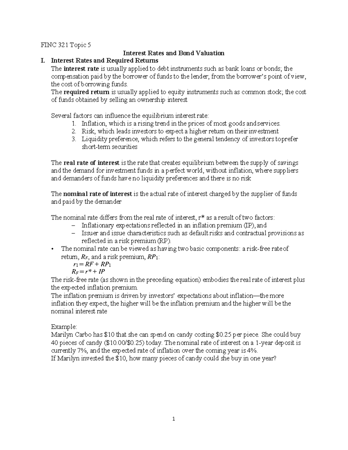 FINC 321 Topic 5 - FINC 321 Topic 5 Interest Rates and Bond Valuation I ...