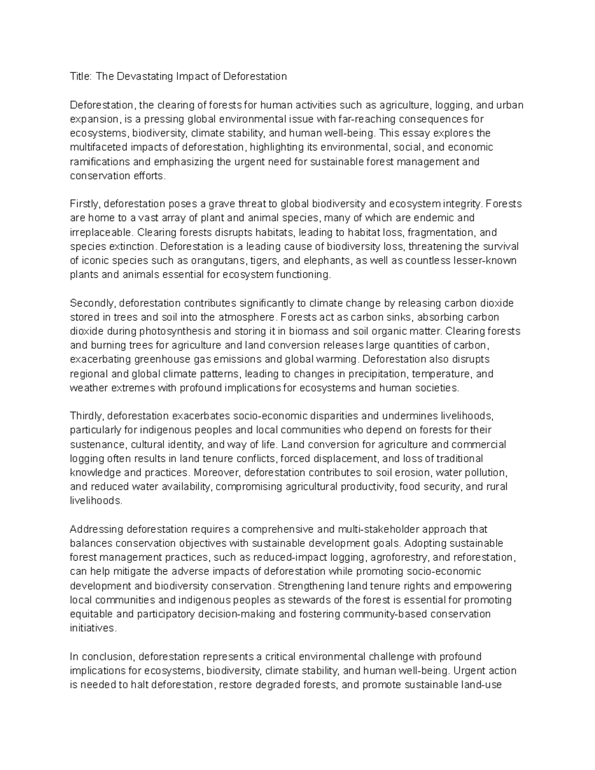 Deforestation Essay - Title: The Devastating Impact of Deforestation ...