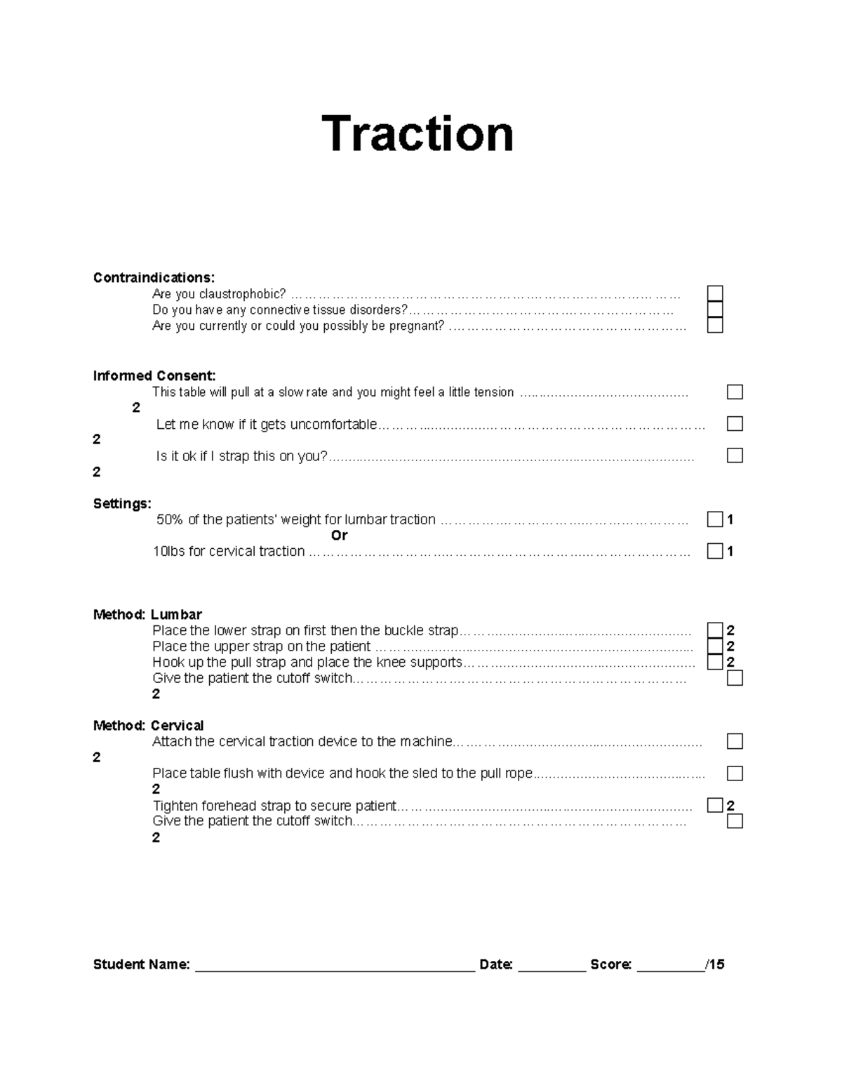 PT1 Practical Evaluation Form Traction - Traction Contraindications ...