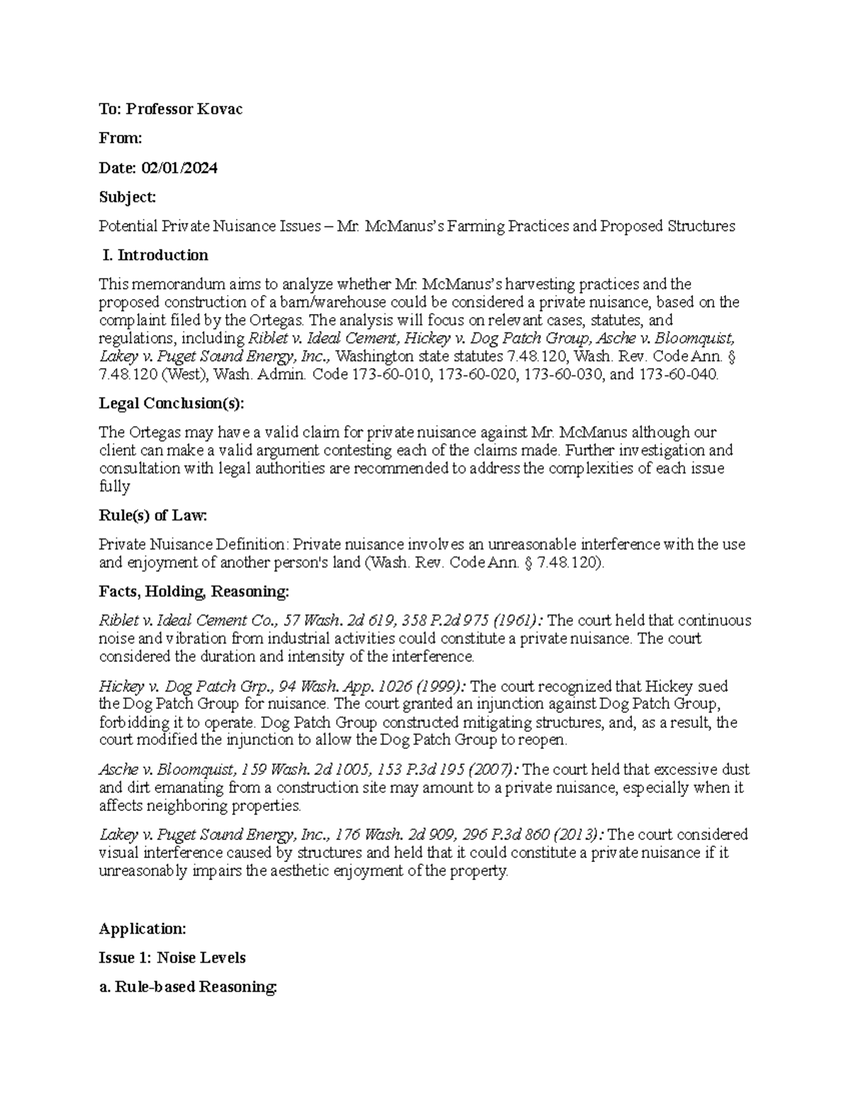 New Objective Memo - To: Professor Kovac From: Date: 02/01/ Subject ...