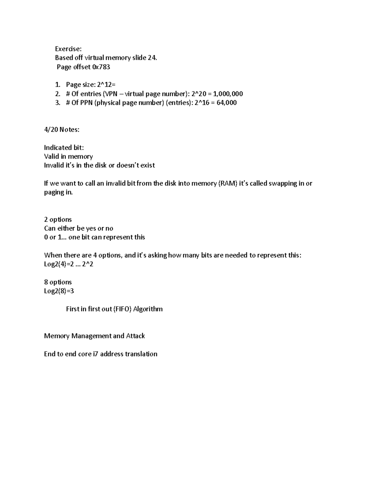 Virtual Memory Notes Exercise Based Off Virtual Memory Slide 24 Page Offset 0x Page Size 2