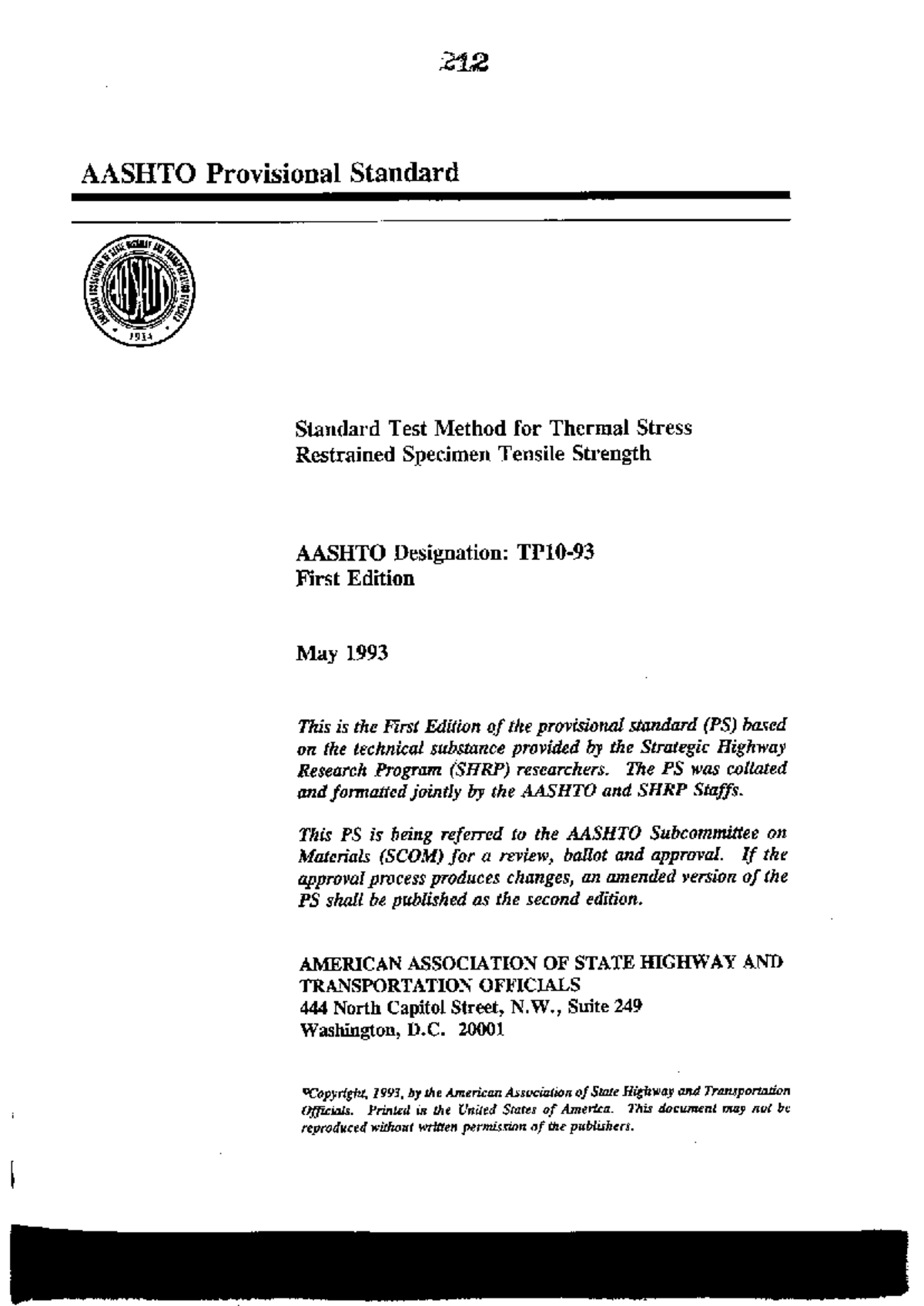 Aashto TP10 Tsrst - n ####### AASHTO ProvisionalStandard ...