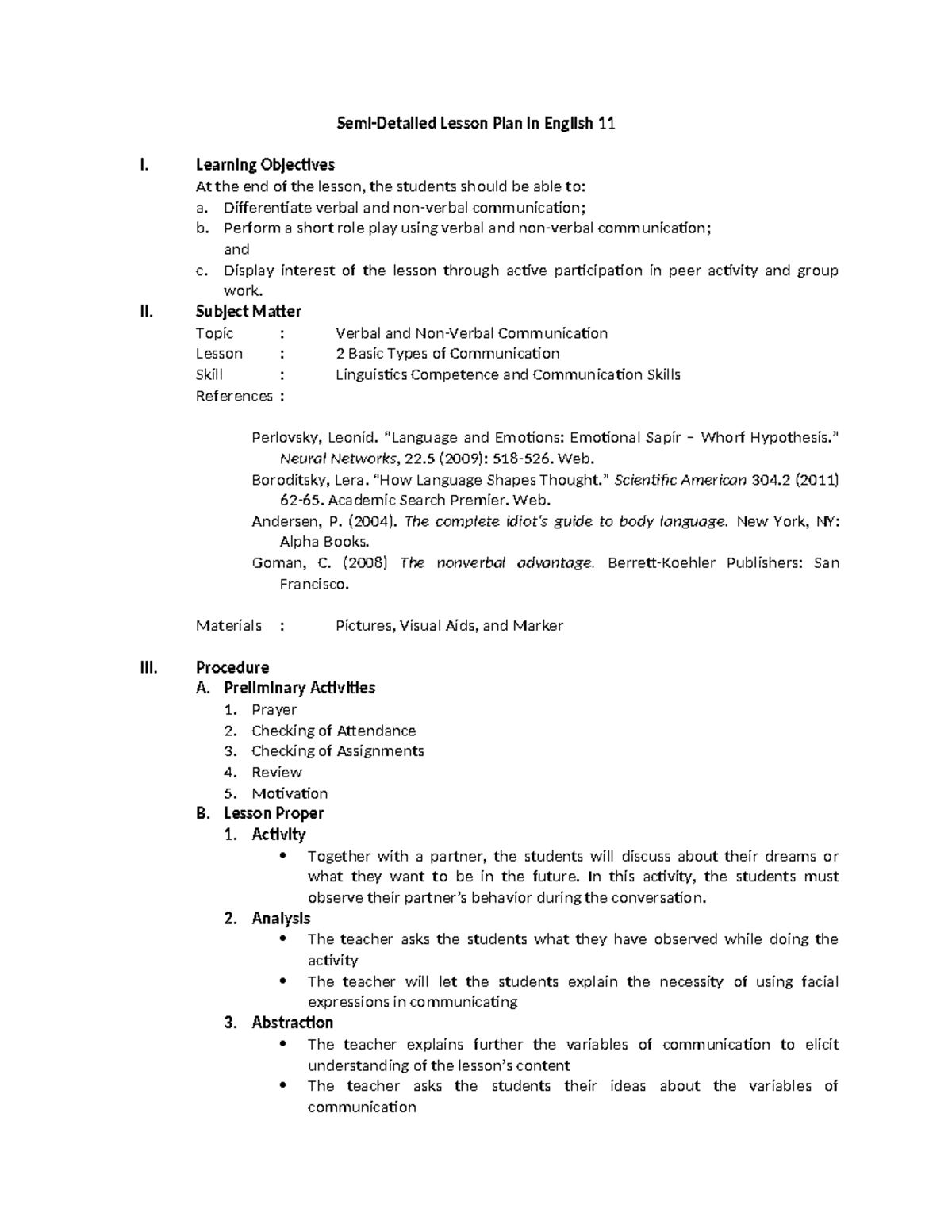Lesson Plan 2023 - Oral Comm - Semi-Detailed Lesson Plan in English 11 ...