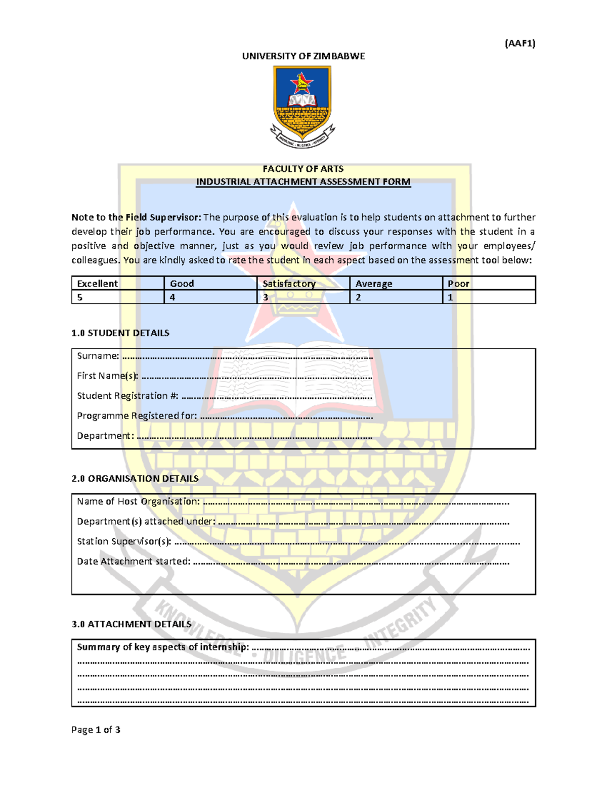 Faculty of Arts Attachment Assessment Form AAF1 - (AAF1) UNIVERSITY OF ...