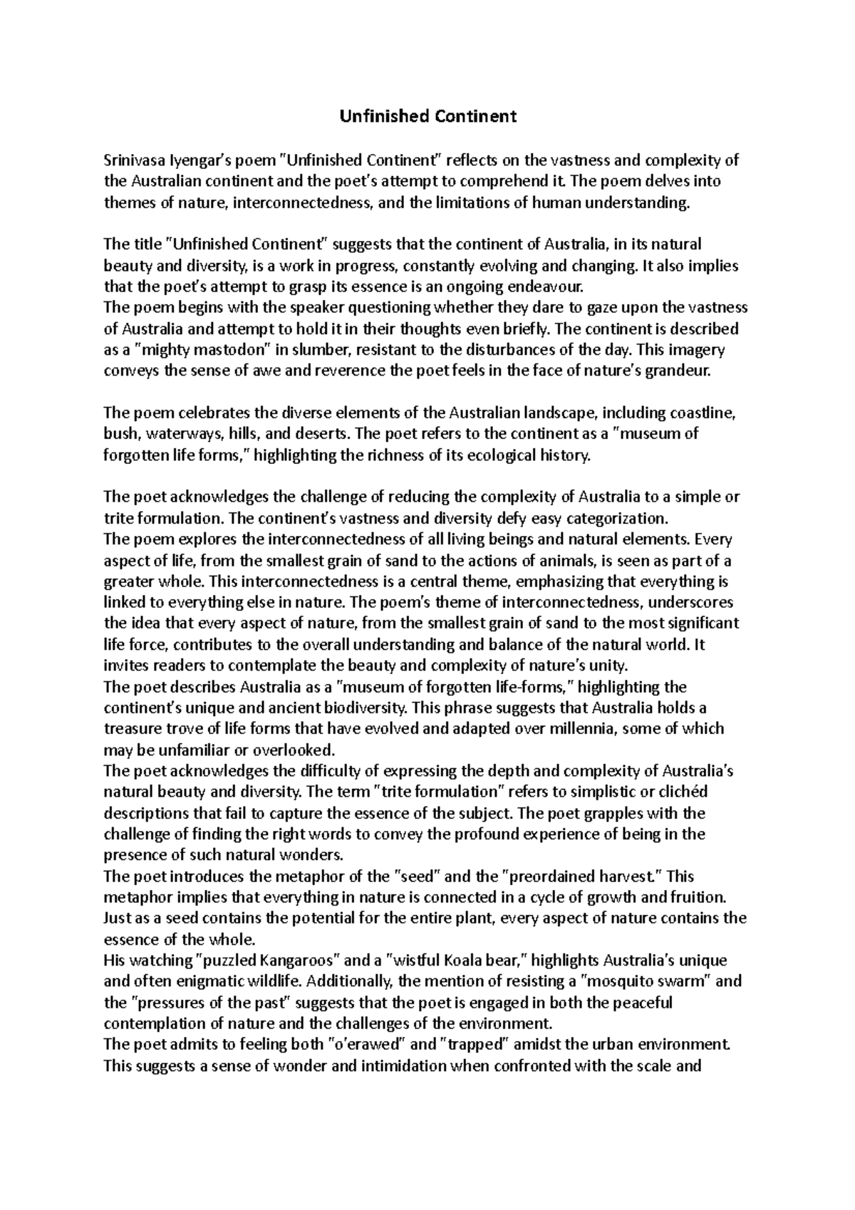 Unfinished Continent - Unfinished Continent Srinivasa Iyengar's poem ...