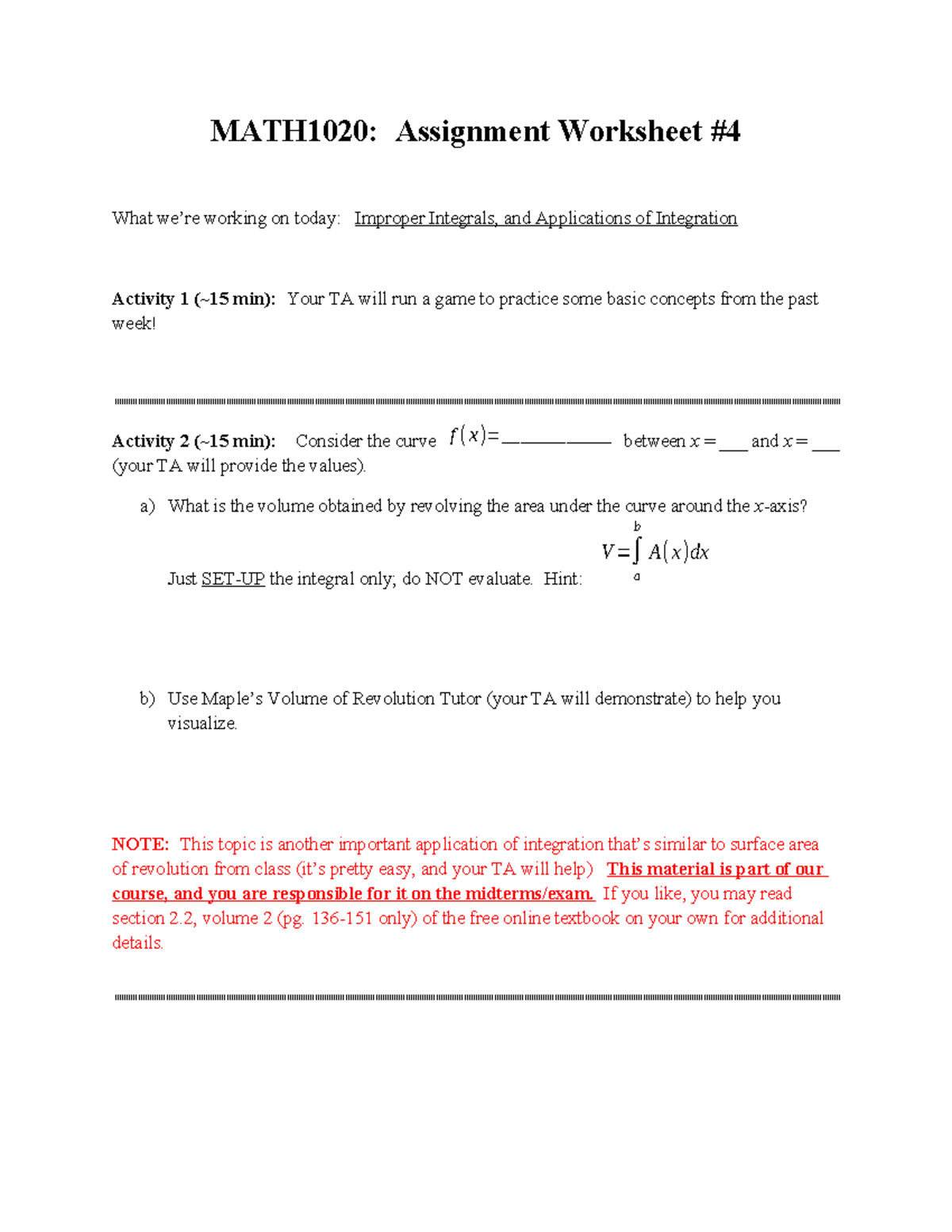 Tutorialworksheet 4NEW - MATH1020: Assignment Worksheet What we’re ...