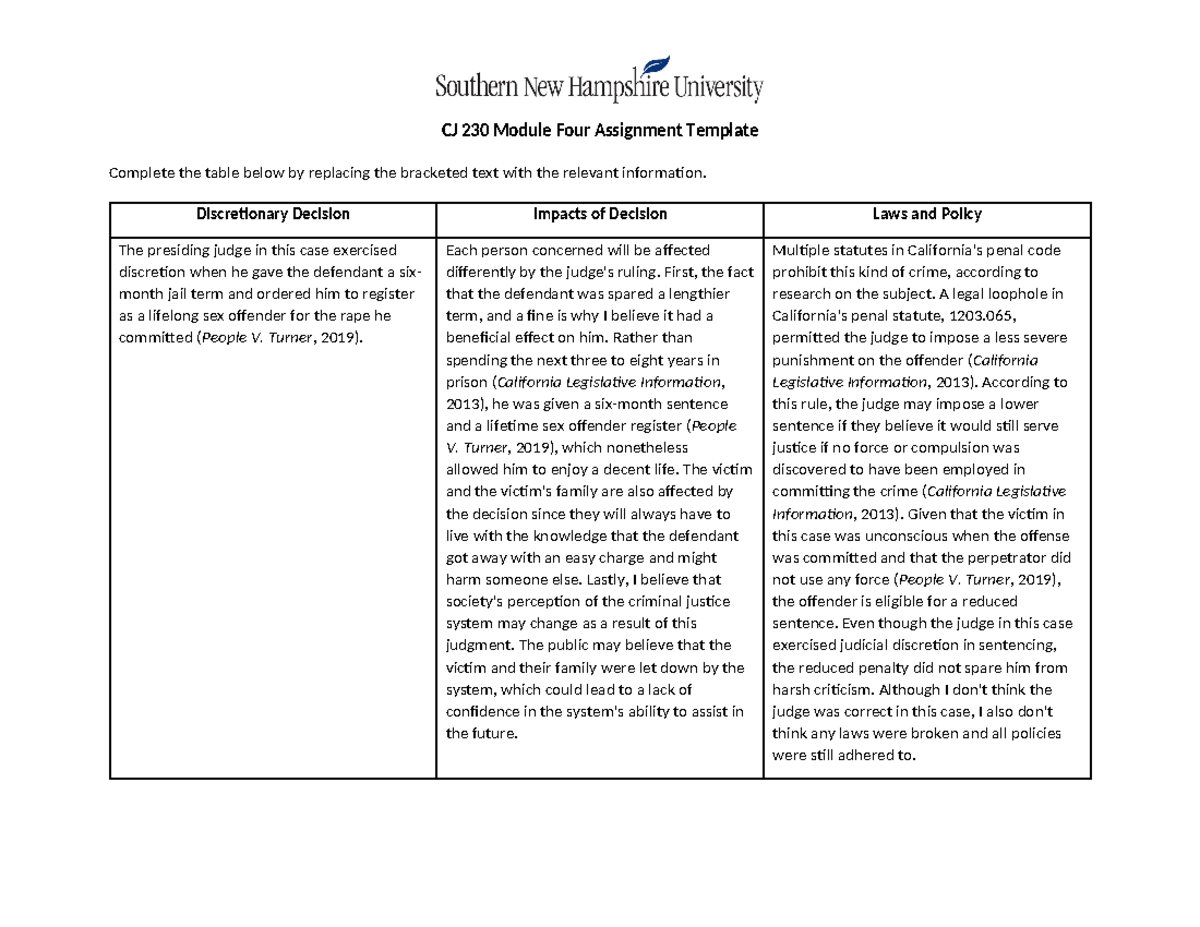Cj230 M4 Assignment Analyzing Discretionary Decisions - CJ 230 Module ...