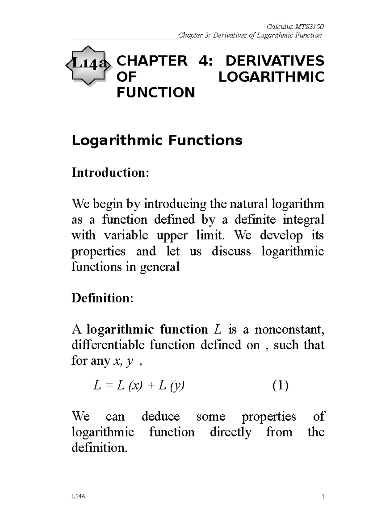 CALCULUS LECTURE NOTE - Chapter 3: Derivatives of Logarithmic Function ...