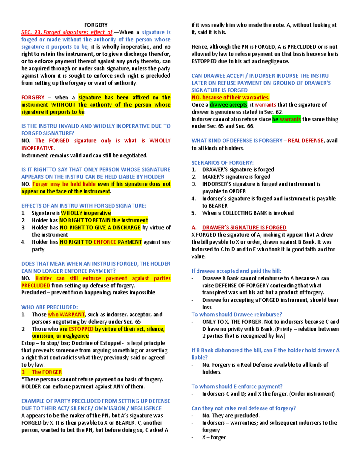 Forgery - Nego - FORGERY SEC. 23. Forged signature; effect of.—When a ...