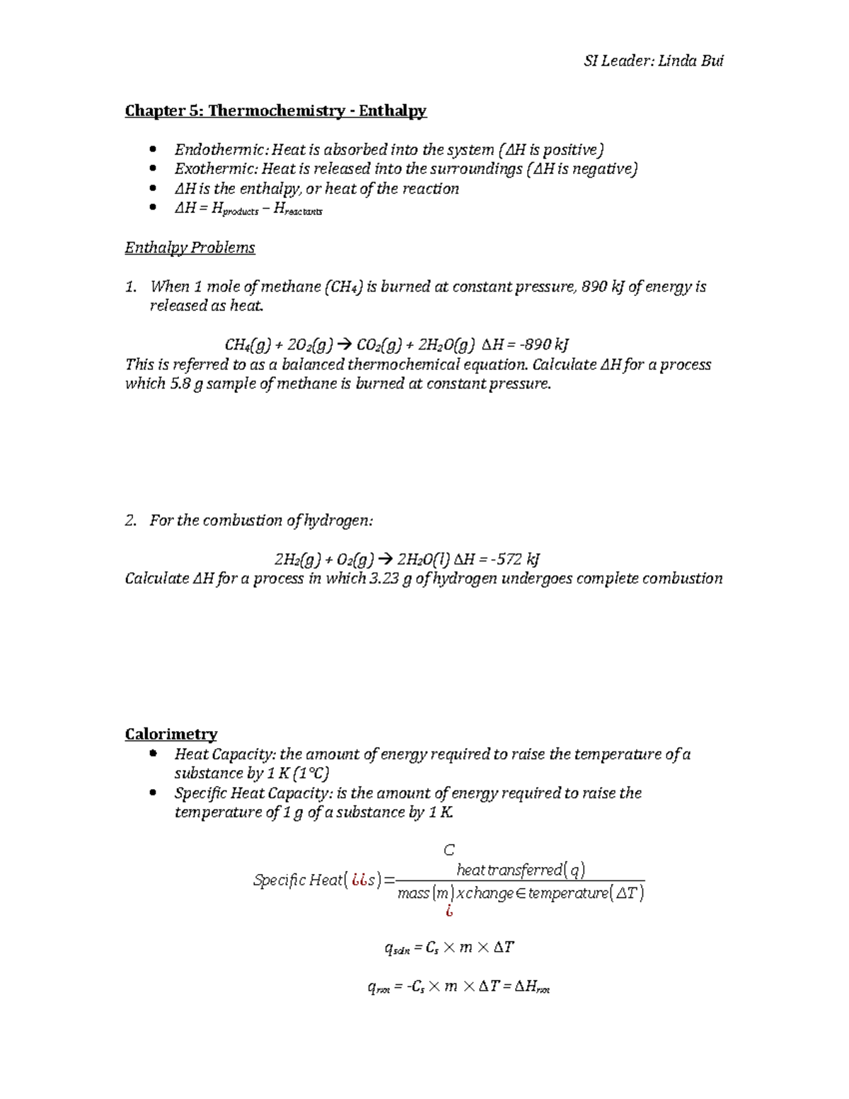 CH. 5 Enthalpy - Supplemental practice worksheet - SI Leader: Linda Bui ...