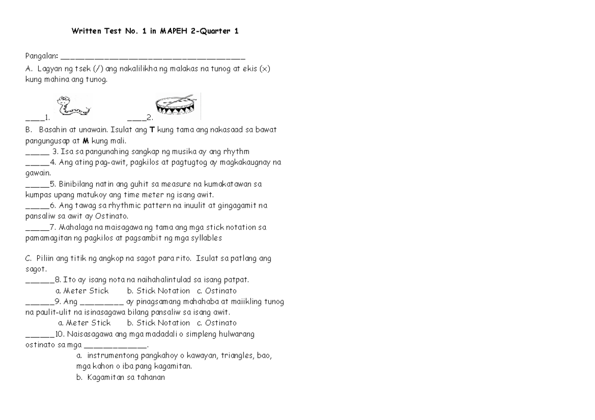 Written test #1 - Mapeh Grade 2 - Written Test No. 1 in MAPEH 2-Quarter ...